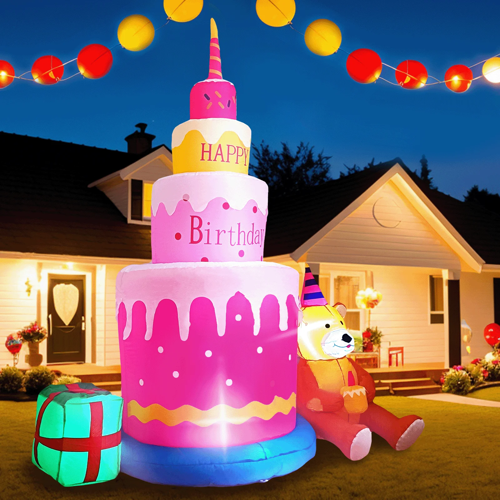 6ft Birthday Cake Inflatable with Teddy Bear - Kidz Country: